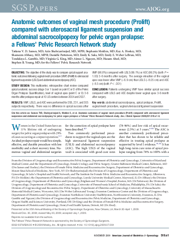 (PDF) Anatomic outcomes of vaginal mesh procedure (Prolift) compared ...