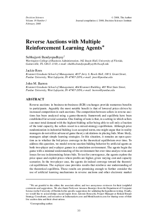 (PDF) Reverse Auctions with Multiple Reinforcement Learning Agents