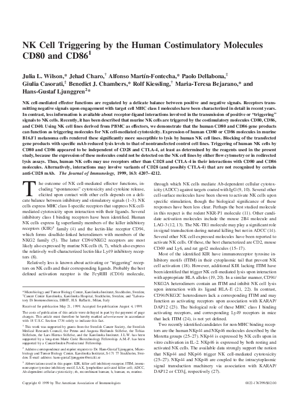 (PDF) NK cell triggering by the human costimulatory molecules CD80 and CD86