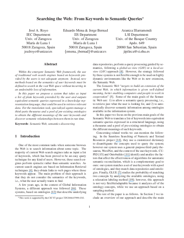 (PDF) Searching the Web: From Keywords to Semantic Queries