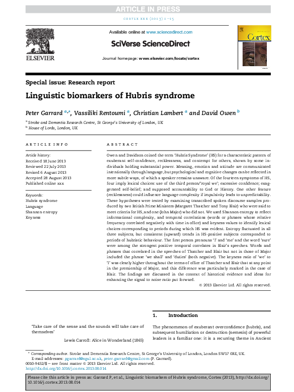 (PDF) Linguistic biomarkers of Hubris syndrome