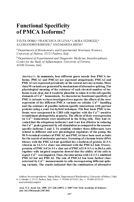 (PDF) Functional Specificity of PMCA Isoforms?
