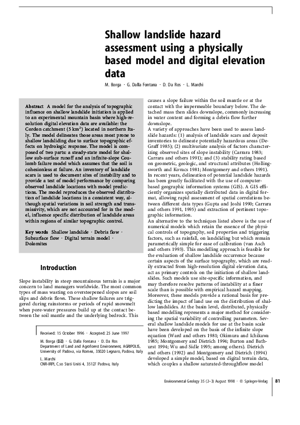 (PDF) Shallow landslide hazard assessment using a physically based model and digital elevation data