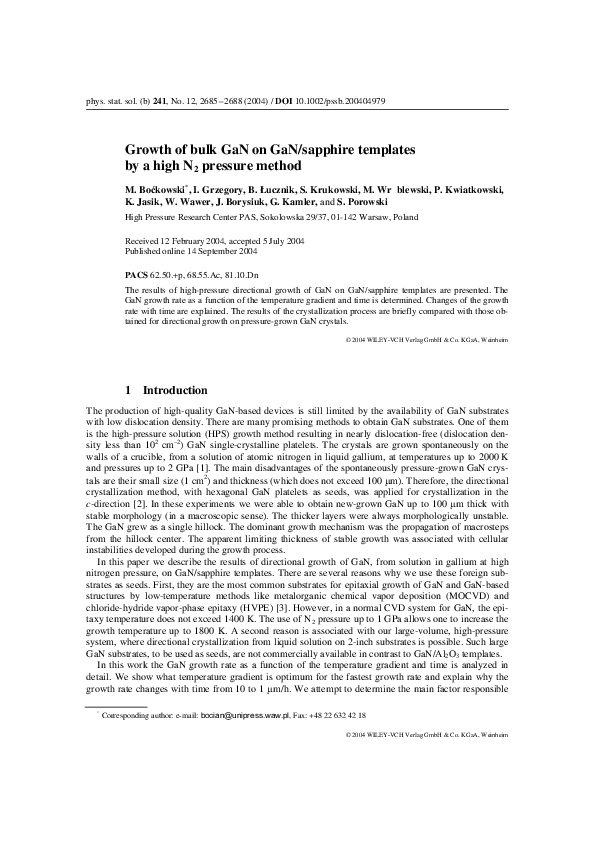 (PDF) Growth of bulk GaN on GaN/sapphire templates by a high N2 ...