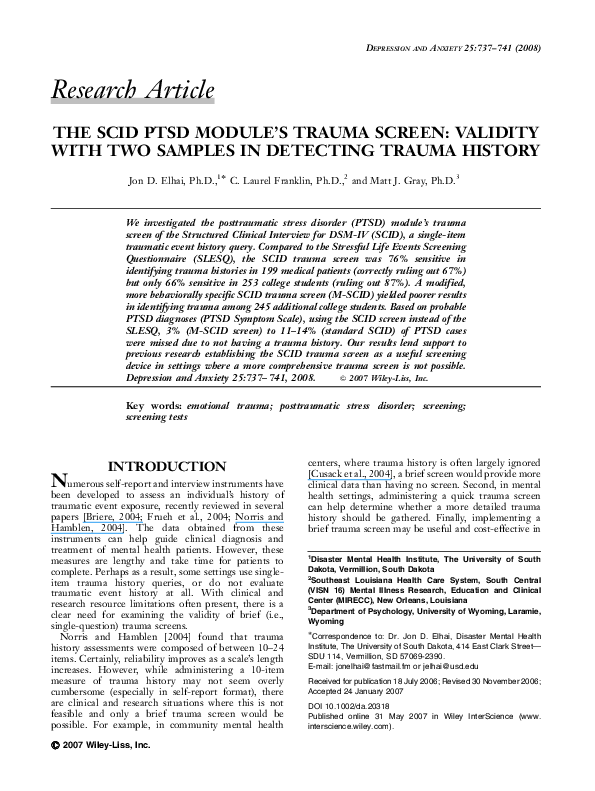 (PDF) The SCID PTSD Module's Trauma Screen: Validity with Two Samples ...