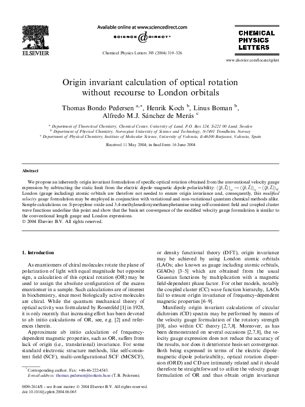 Pdf Origin Invariant Calculation Of Optical Rotation Without Recourse To London Orbitals