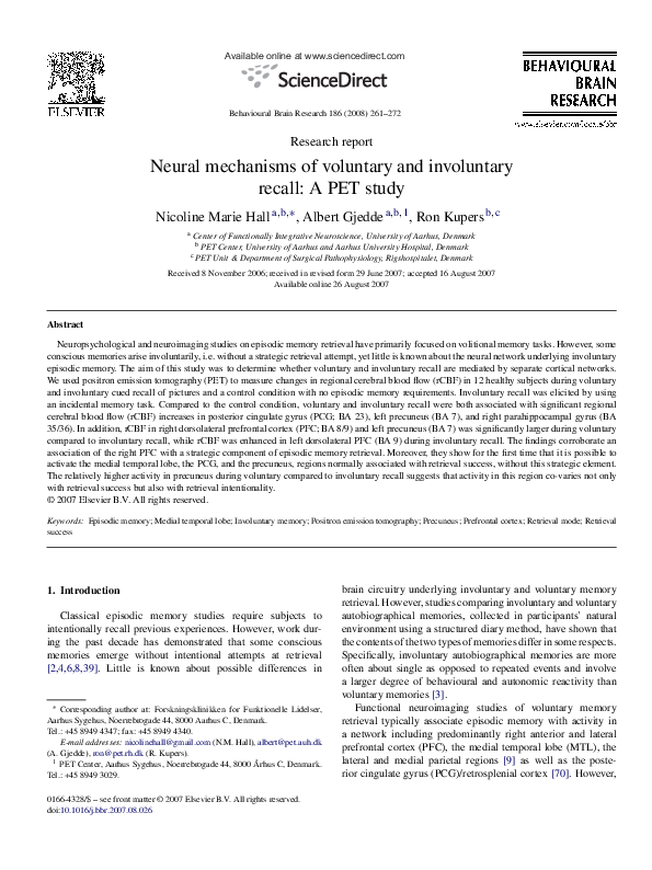 (PDF) Neural mechanisms of voluntary and involuntary recall: A PET study