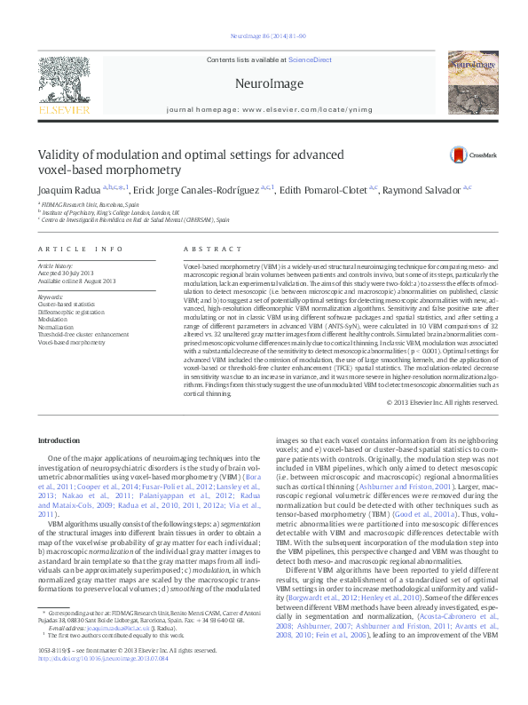 Pdf Validity Of Modulation And Optimal Settings For Advanced Voxel Based Morphometry