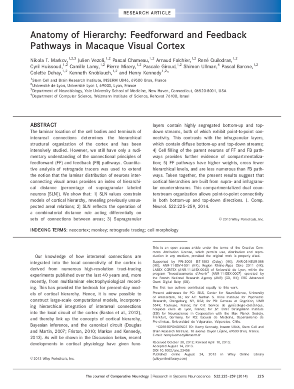Pdf Anatomy Of Hierarchy Feedforward And Feedback Pathways In Macaque Visual Cortex Arnaud