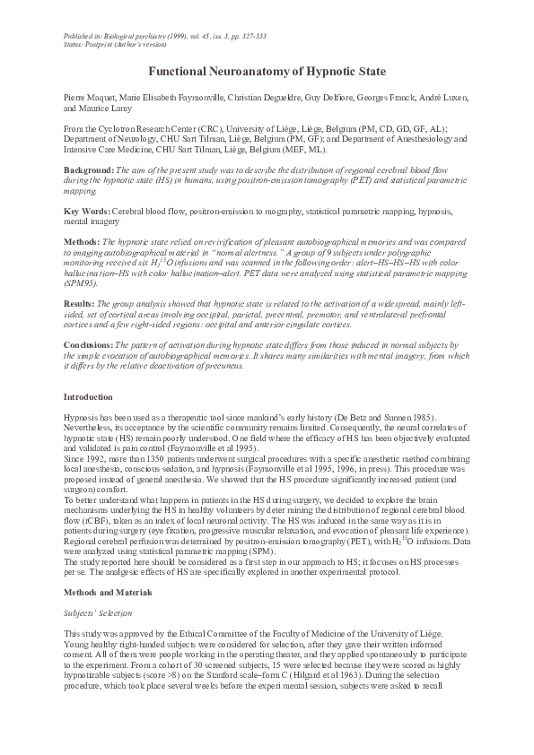 (PDF) Functional neuroanatomy of hypnotic state