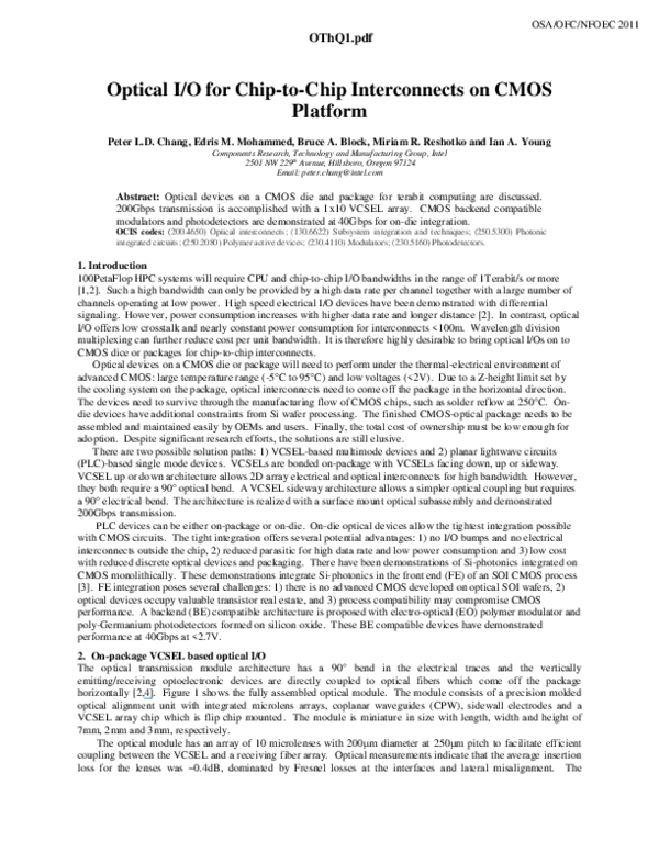(PDF) Optical I/O for Chip-to-Chip Interconnects on CMOS Platform