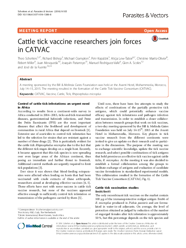 (PDF) Cattle tick vaccine researchers join forces in CATVAC