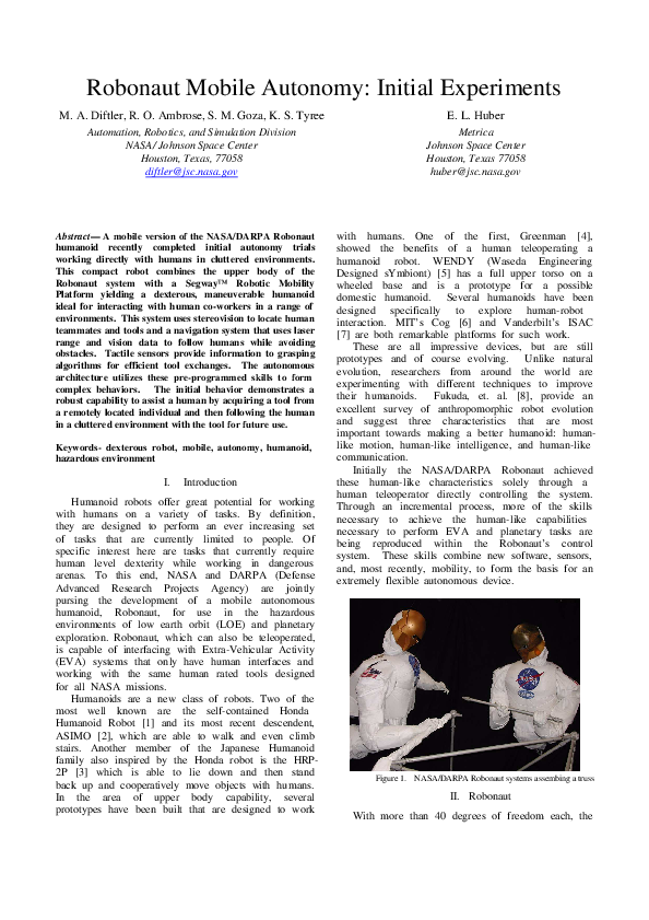 (PDF) Robonaut Mobile Autonomy: Initial Experiments