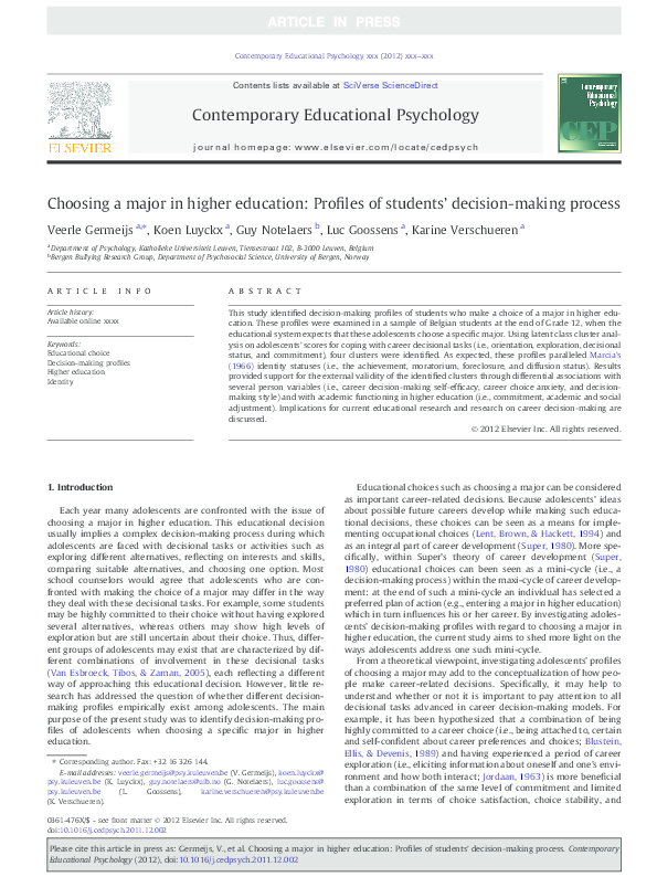 (PDF) Choosing a major in higher education: Profiles of students ...