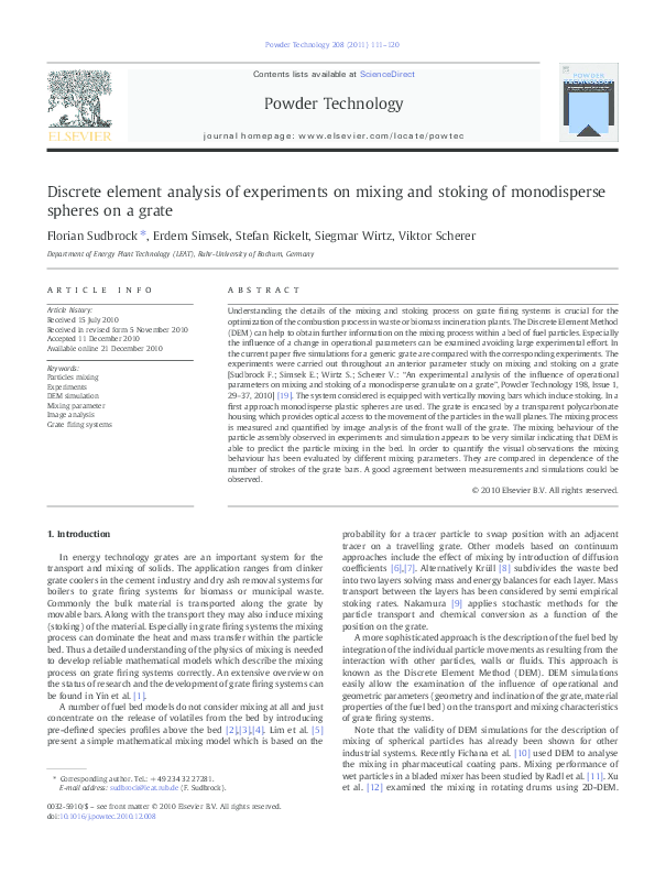 Pdf Discrete Element Analysis Of Experiments On Mixing And Stoking Of