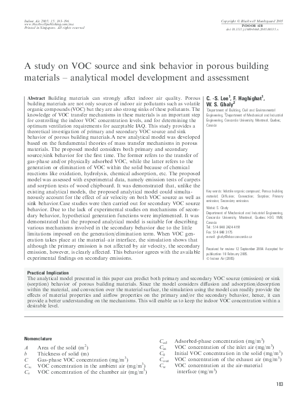 (PDF) A study on VOC source and sink behavior in porous building materials - analytical model ...