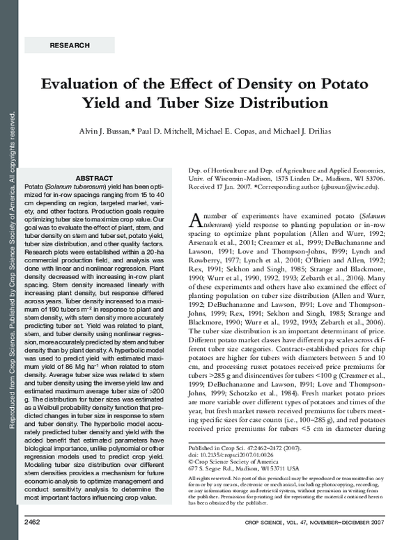 (PDF) Evaluation of the Effect of Density on Potato Yield and Tuber ...