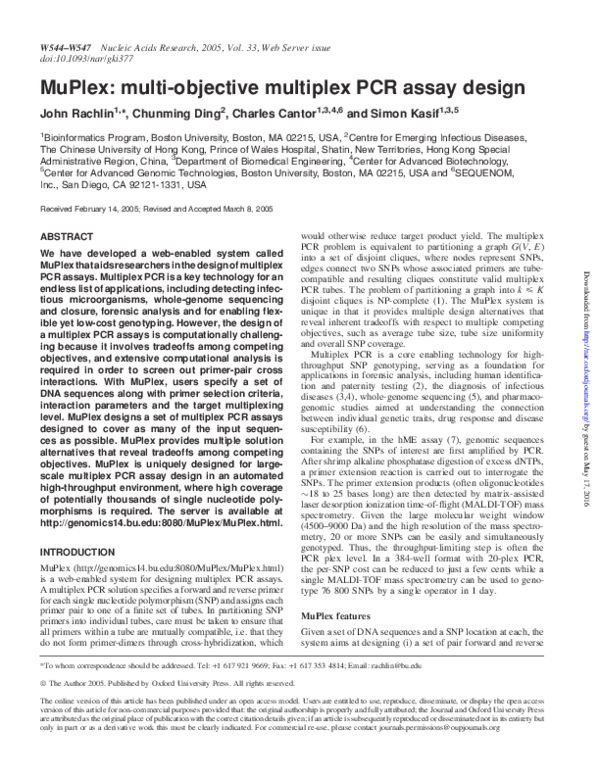 (PDF) MuPlex: Multi-objective multiplex PCR assay design