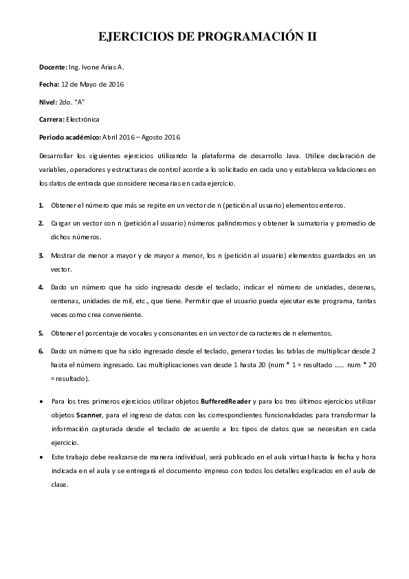 (PDF) EJERCICIOS DE PROGRAMACIÓN II