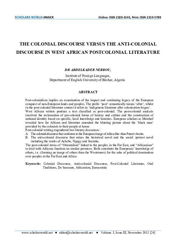 (PDF) THE COLONIAL DISCOURSE VERSUS THE ANTI-COLONIAL DISCOURSE IN WEST ...