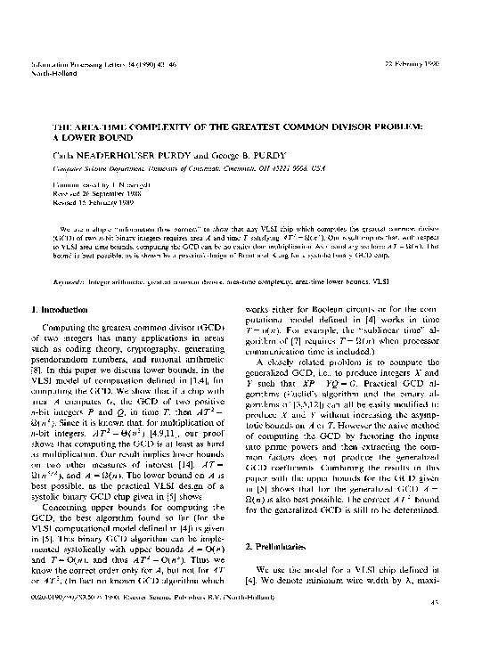 Pdf The Area Time Complexity Of The Greatest Common Divisor Problem A Lower Bound George