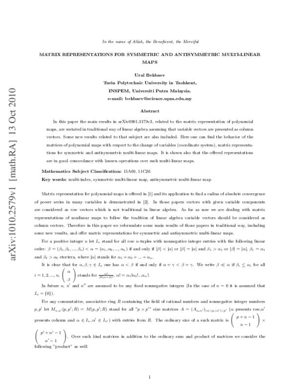 Pdf Matrix Representations For Symmetric And Antisymmetric Multi 7335