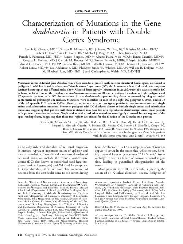 (PDF) Characterization of mutations in the genedoublecortin in patients ...