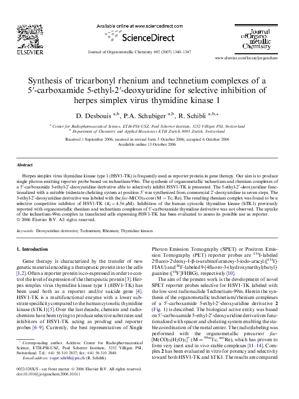(PDF) Synthesis of tricarbonyl rhenium and technetium complexes of a 5′-carboxamide 5-ethyl-2 ...
