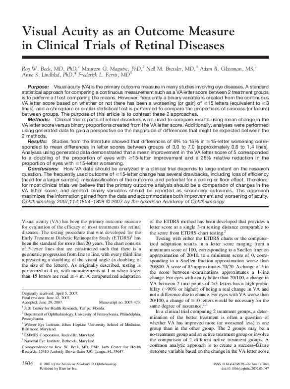 (PDF) Visual Acuity as an Outcome Measure in Clinical Trials of Retinal ...