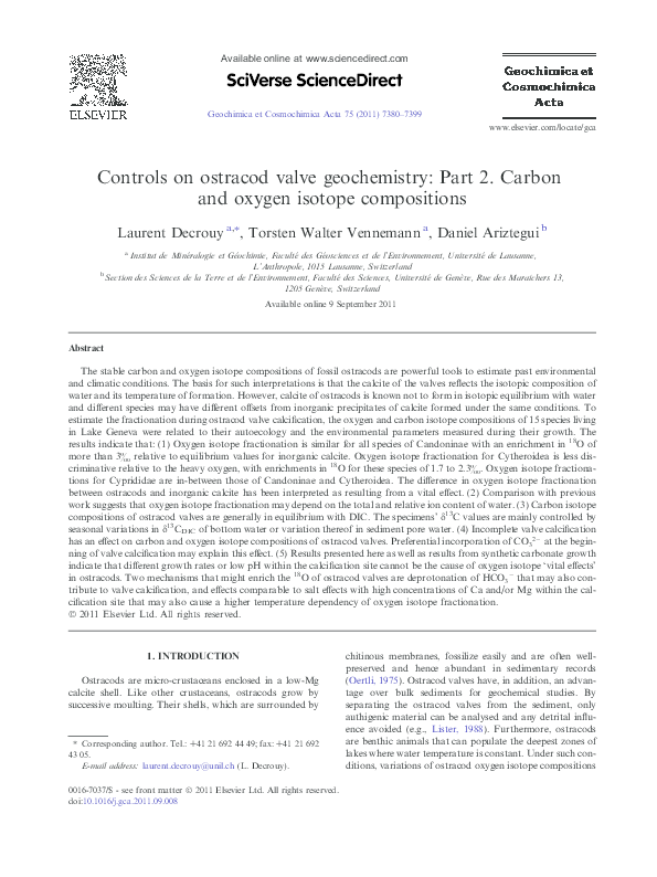 (PDF) Controls on ostracod valve geochemistry: Part 2. Carbon and ...