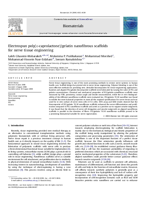 (PDF) Electrospun poly(ɛ-caprolactone)/gelatin nanofibrous scaffolds for nerve tissue engineering