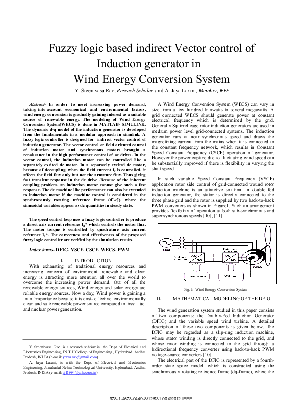 Pdf Fuzzy Logic Based Indirect Vector Control Of Induction Generator