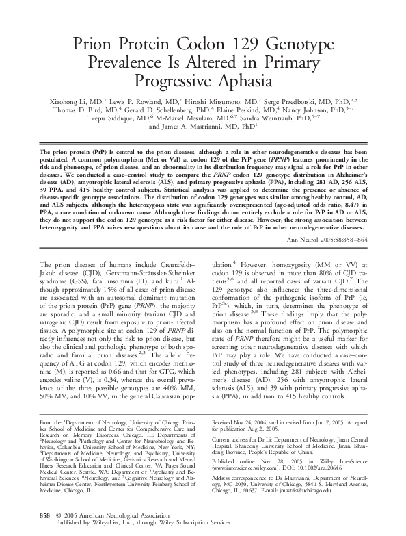 (PDF) Prion protein codon 129 genotype prevalence is altered in primary ...