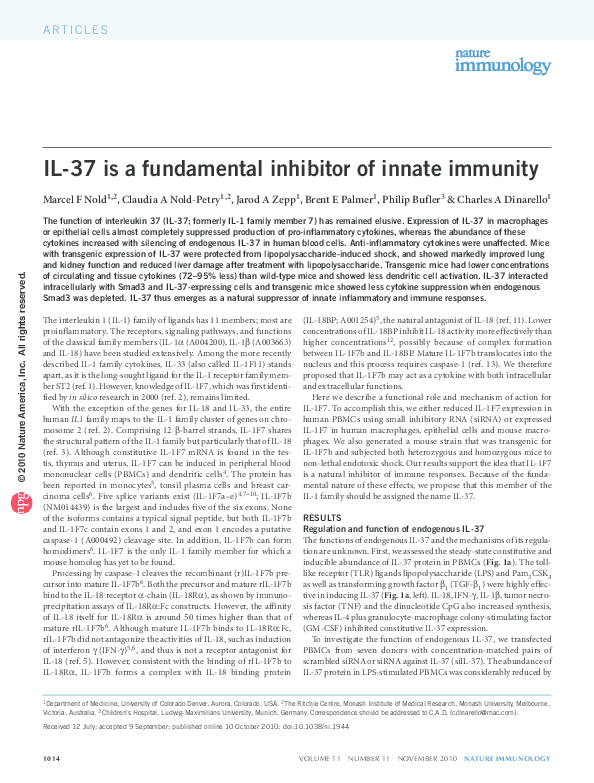 (PDF) IL-37 is a fundamental inhibitor of innate immunity