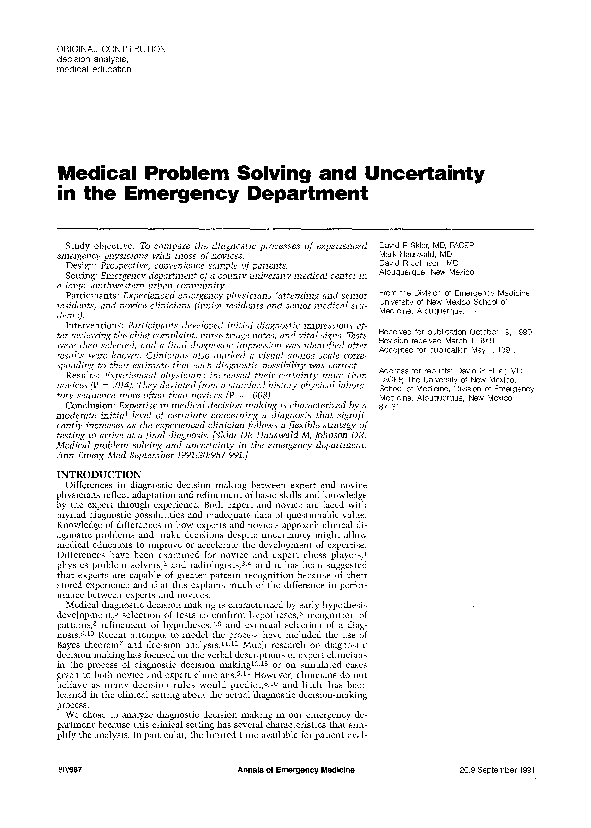 (PDF) Medical problem solving and uncertainty in the emergency department