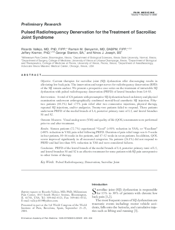 (PDF) Pulsed Radiofrequency Denervation for the Treatment of Sacroiliac Joint Syndrome