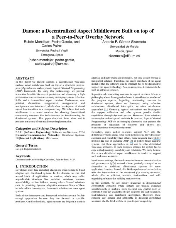 (PDF) Damon (a decentralized aspect middleware built on top of a peer-to-peer overlay network)