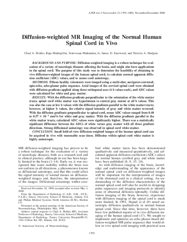 (PDF) Diffusion-weighted MR imaging of the normal human spinal cord in vivo
