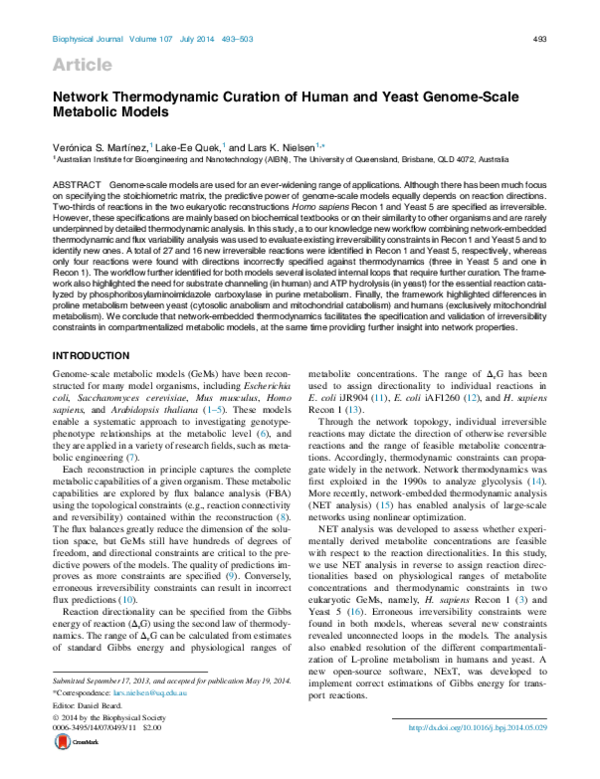 (PDF) Thermodynamic Curation of Metabolic Models