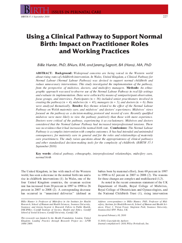 (PDF) Using a Clinical Pathway to Support Normal Birth: Impact on ...