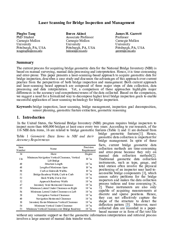 (PDF) Laser Scanning for Bridge Inspection and Management
