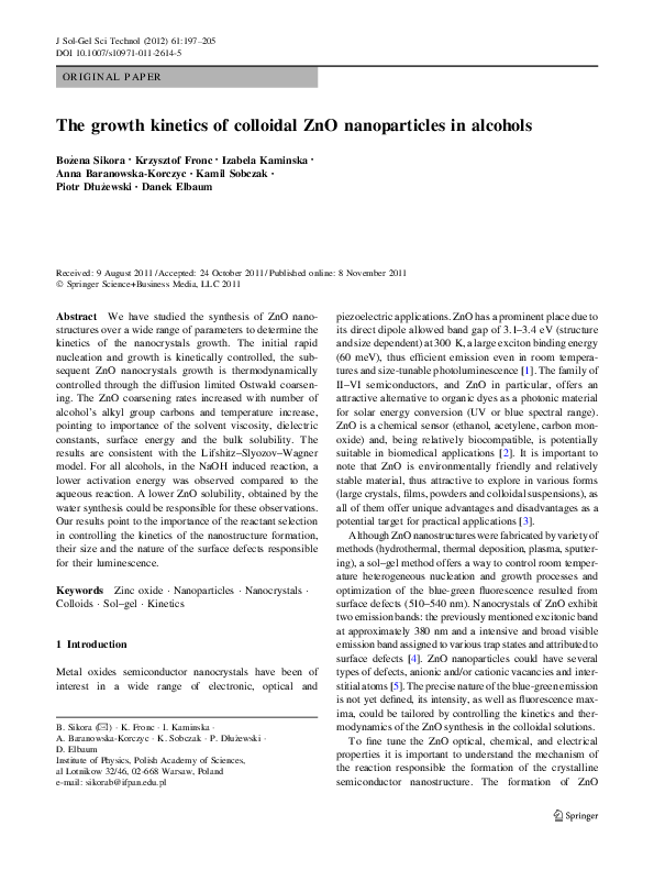 (PDF) The growth kinetics of colloidal ZnO nanoparticles in alcohols ...