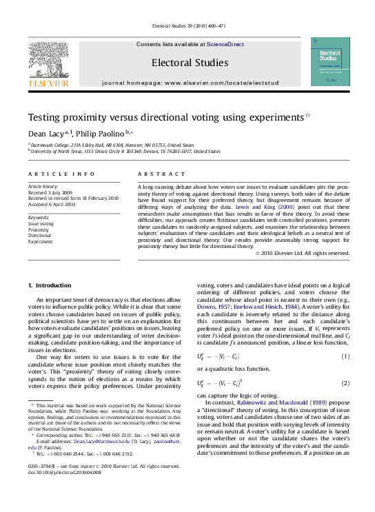 (PDF) Testing proximity versus directional voting using experiments