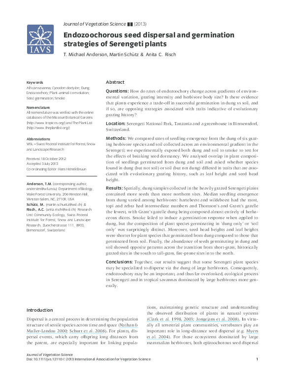 (PDF) Endozoochorous seed dispersal and germination strategies of ...