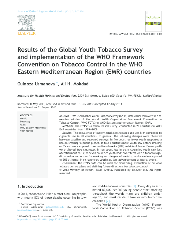 (PDF) Results of the Global Youth Tobacco Survey and implementation of ...