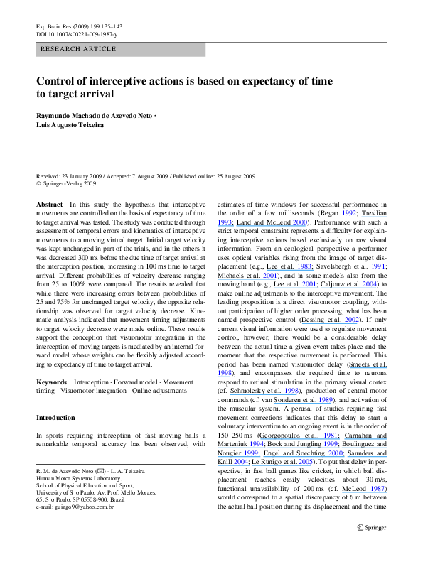 Pdf Control Of Interceptive Actions Is Based On Expectancy Of Time To Target Arrival