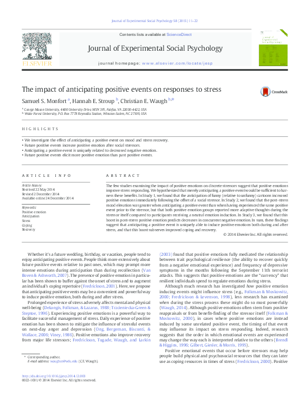 (PDF) The impact of anticipating positive events on responses to stress