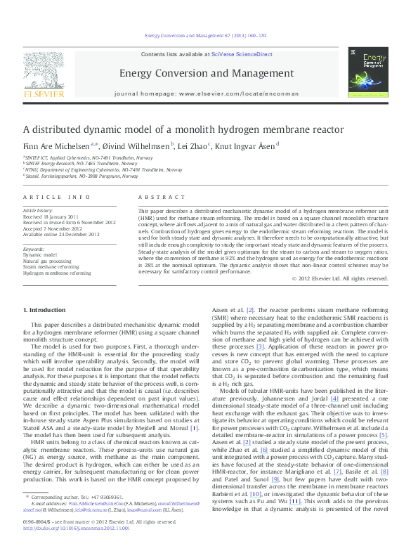 (PDF) A distributed dynamic model of a monolith hydrogen membrane reactor