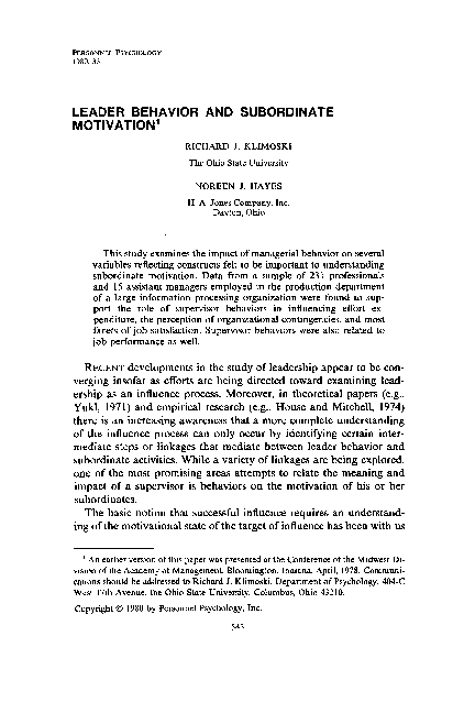 (PDF) Leader Behavior and Subordinate Motivation