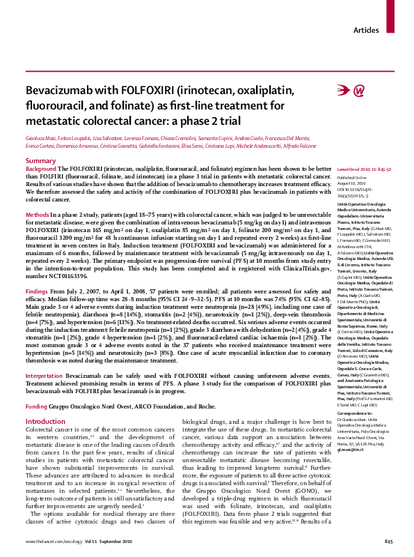 (PDF) Bevacizumab with FOLFOXIRI (irinotecan, oxaliplatin, fluorouracil ...